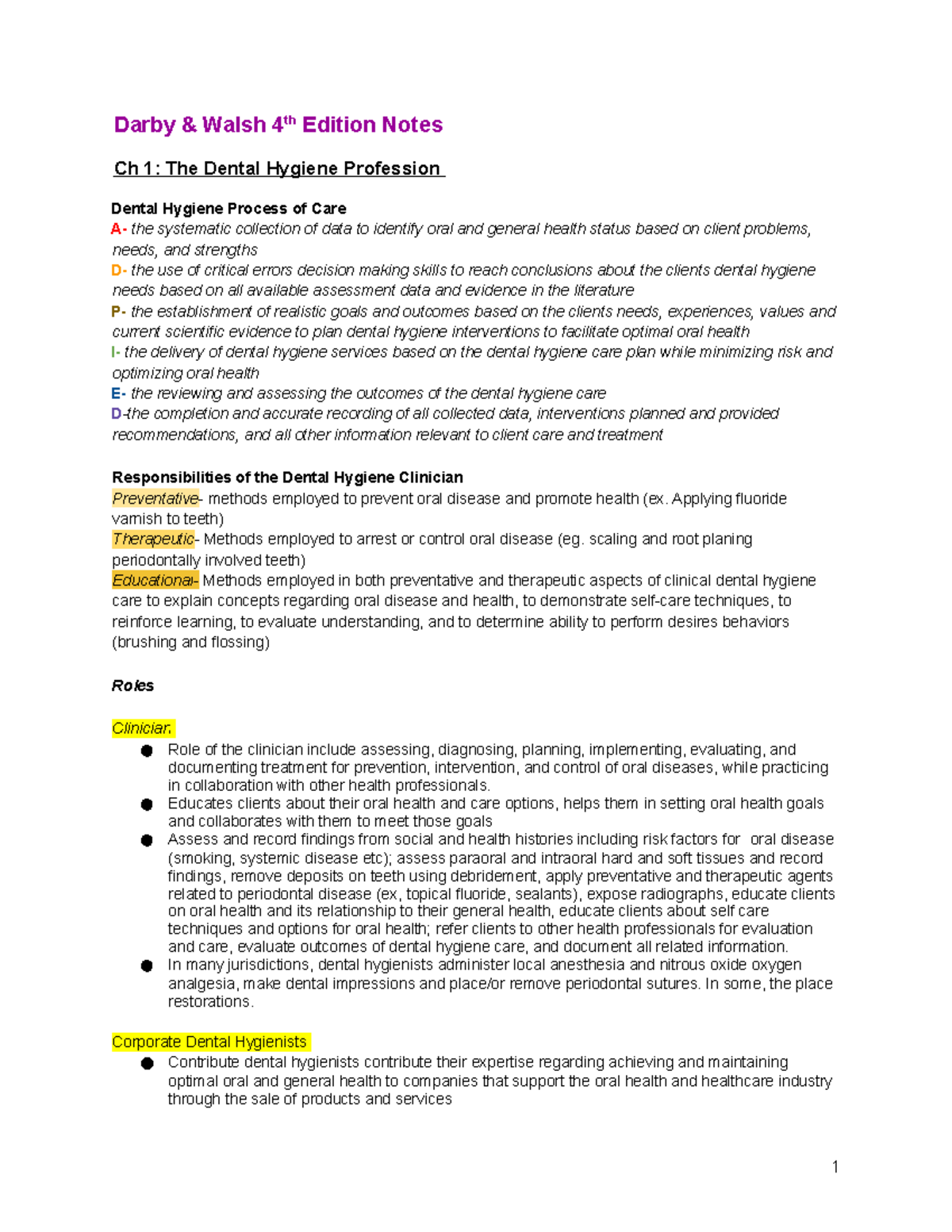 Dental Hygiene Notes: Comprehensive Review for DH 101 Final Exam - Studocu