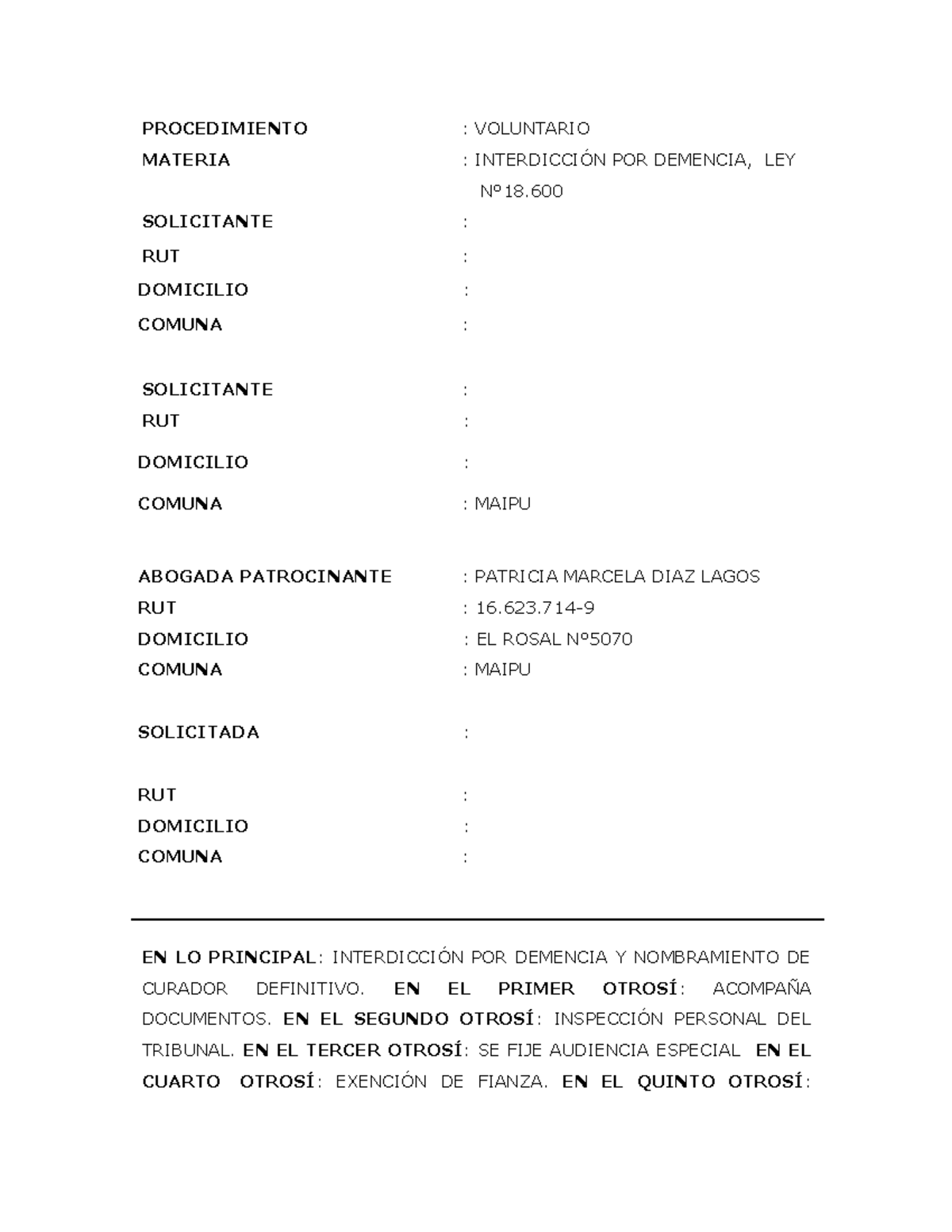 Solicitud Interdicción por Demencia - Sara Veliz Stocu - N°18 - Studocu