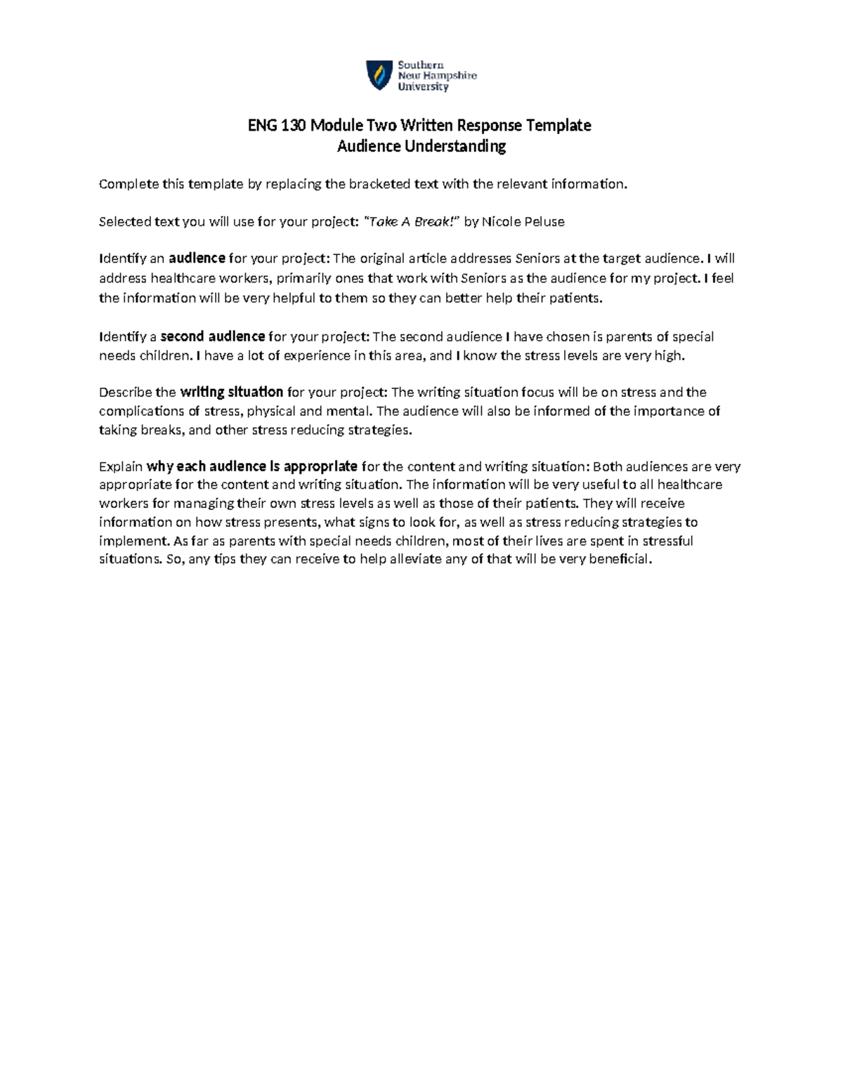 ENG 130 Module Two Written Response: Audience Analysis Template - Studocu