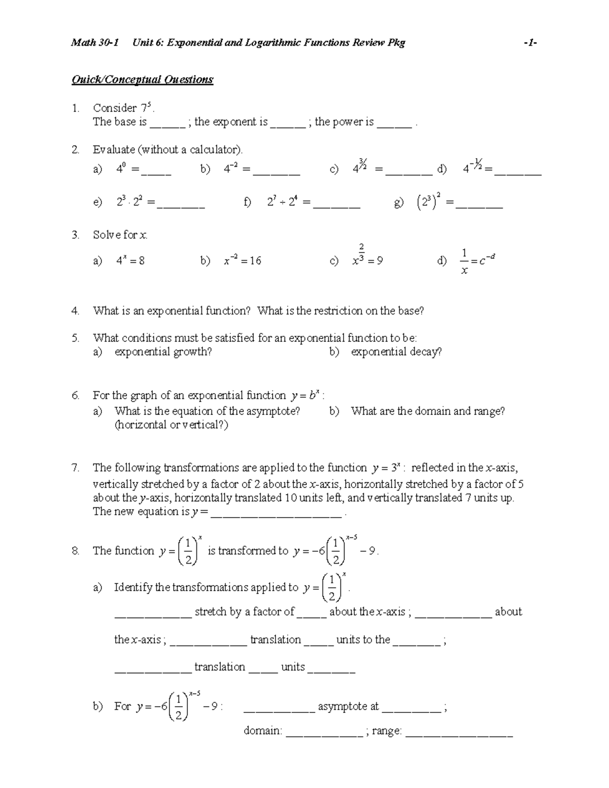 Math 30-1 Unit 6: Exponential and Logarithmic Functions Review - Studocu
