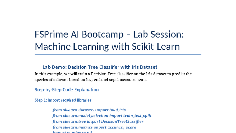 FSPrime AI Bootcamp Lab: Decision Tree Classifier with Iris Dataset - Studocu