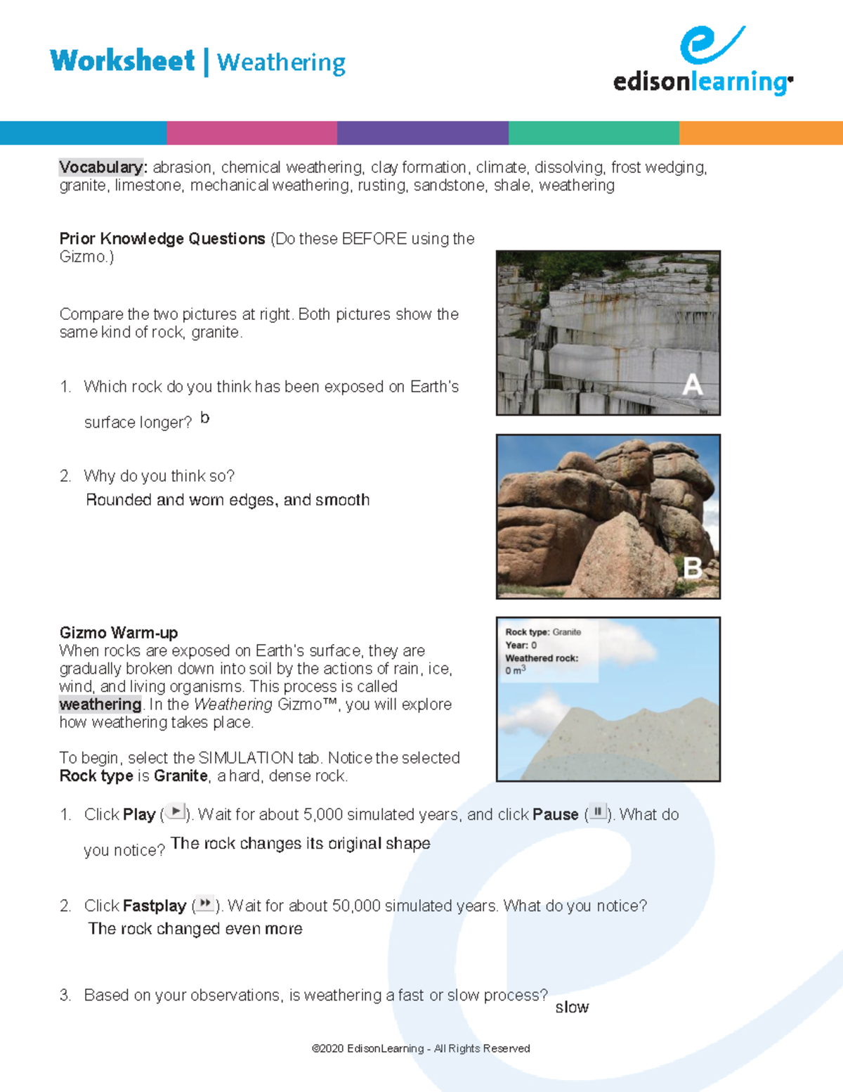 weathering answer key - Weathering Answer Key Vocabulary: abrasion ...