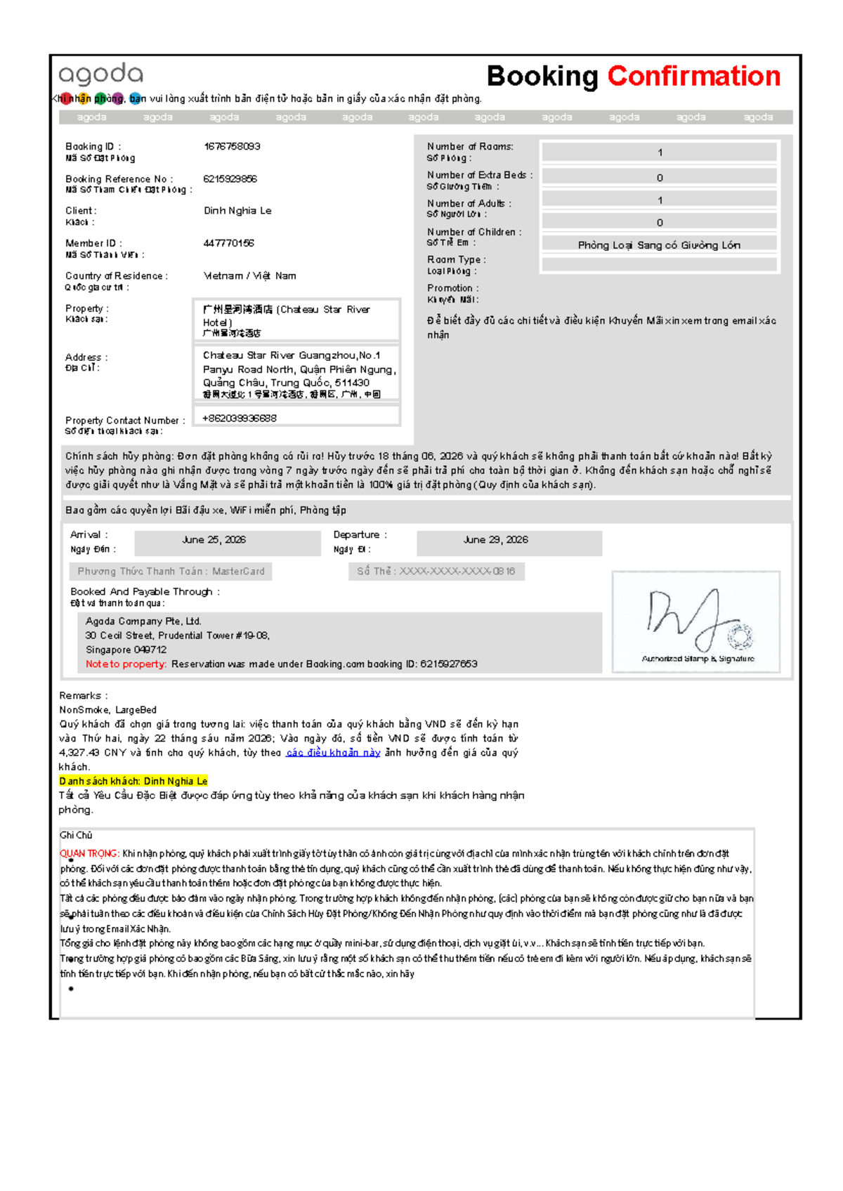 Booking Confirmation for ID # 1676752563 - Chateau Star River Hotel ...