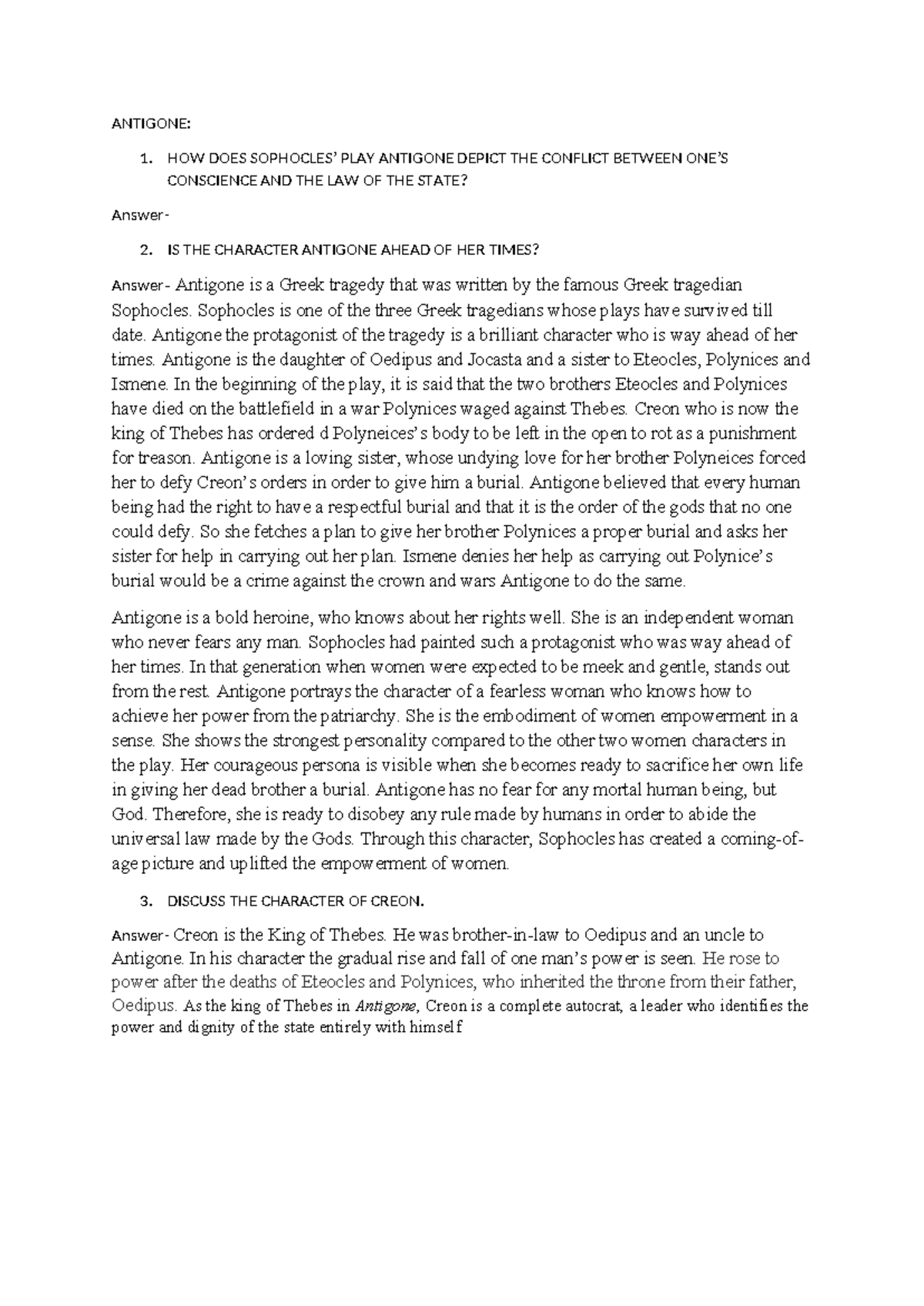 ANTIGONE: CONFLICT BETWEEN CONSCIENCE & STATE LAW IN SOPHOCLES' TRAGEDY ...