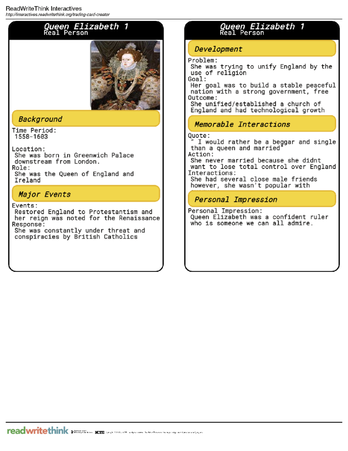 Queen elizabeth 1 trading card - ReadWriteThink Interactives Queen ...