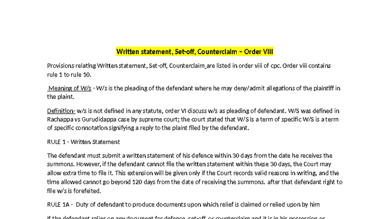 Order 8 CPC - Written Statement & Counterclaim Provisions Notes - Studocu