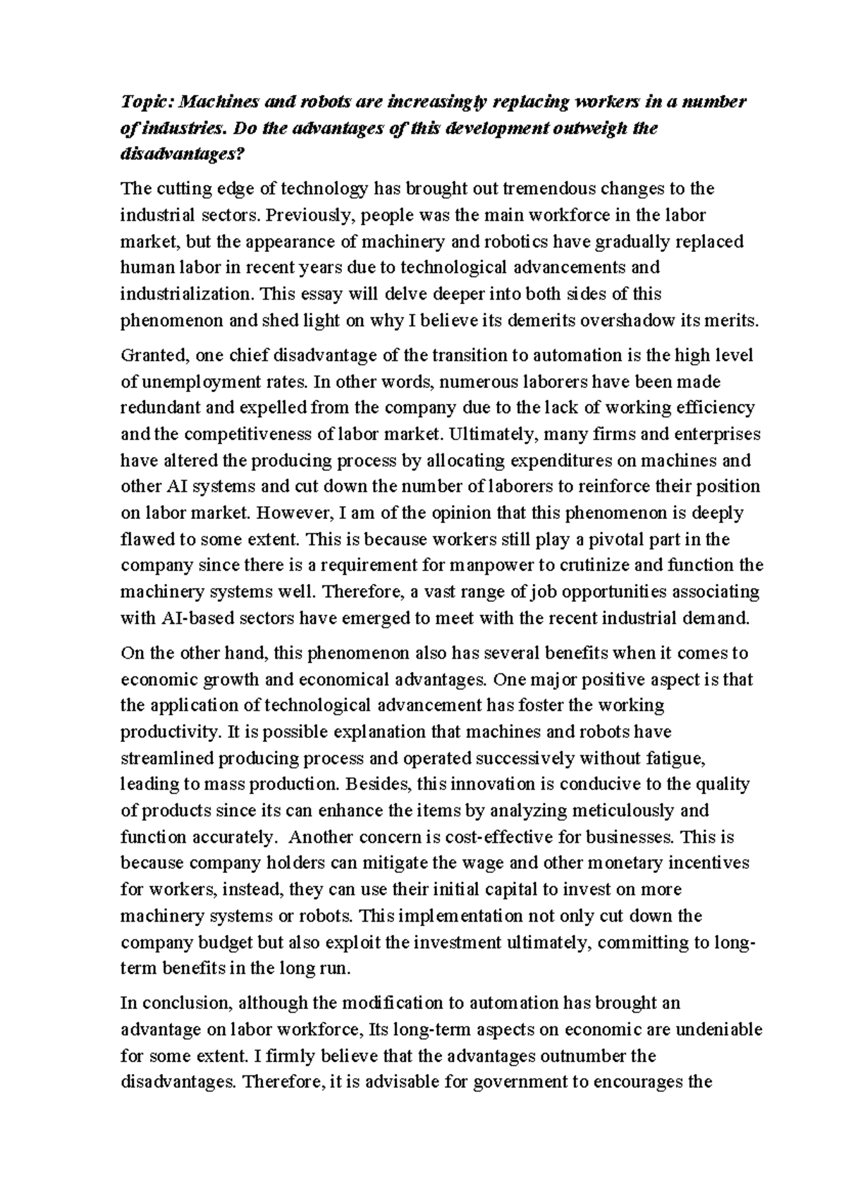 Essay: Do Machines and Robots Replace Human Workers? - Studocu