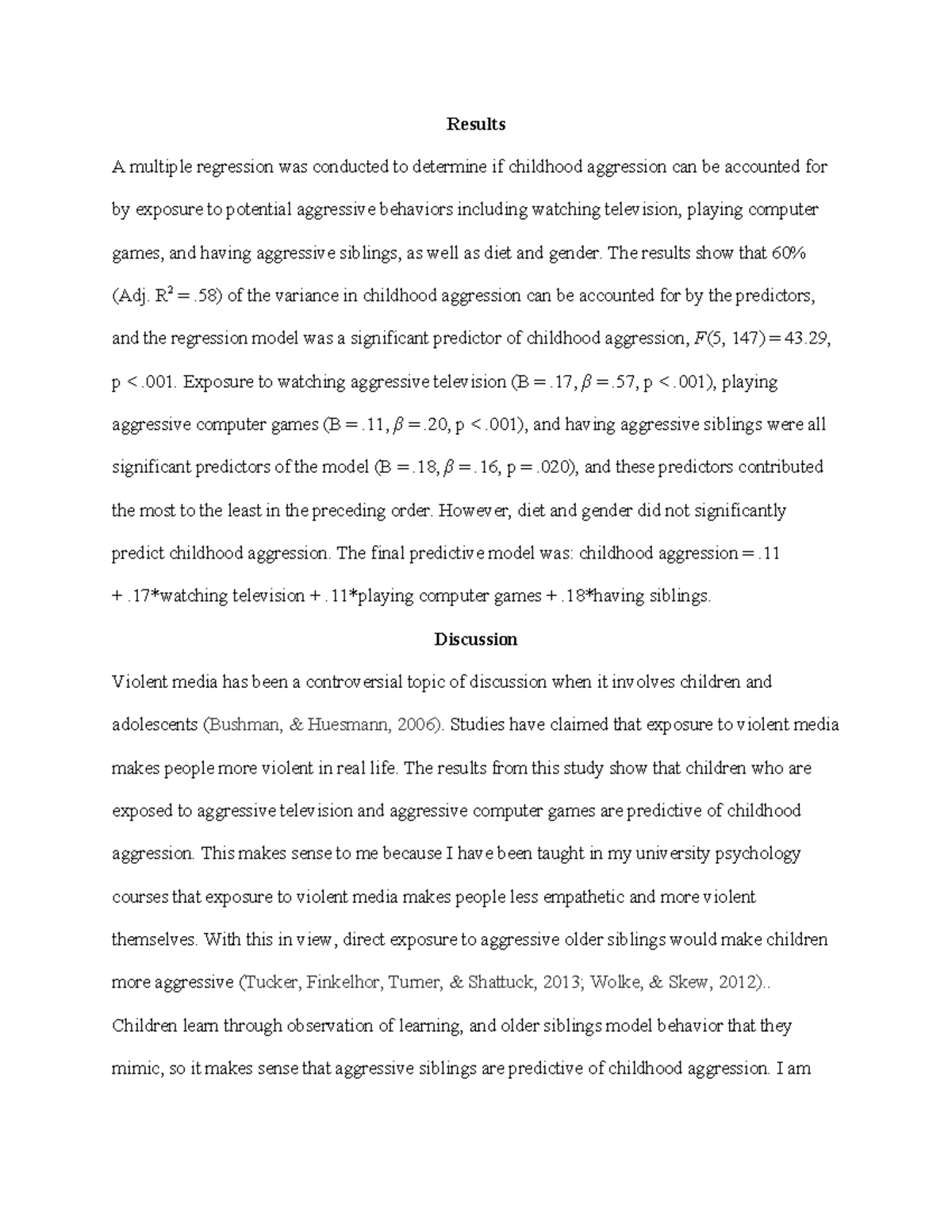 Multiple Regression Analysis on Childhood Aggression Factors - Studocu