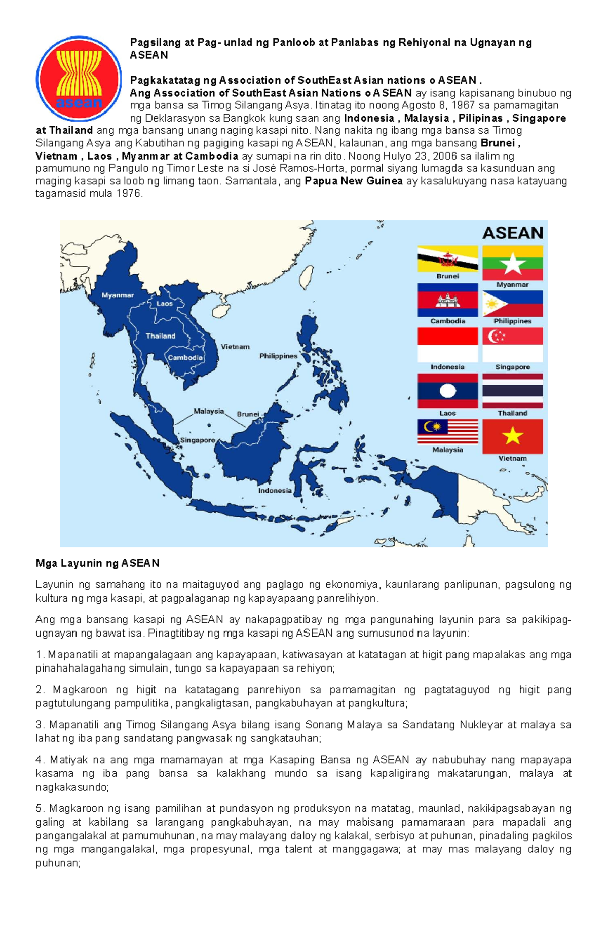 Matatag na Ugnayan ng ASEAN: Pagsilang at Pag-unlad ng Rehiyon AP 7 ...