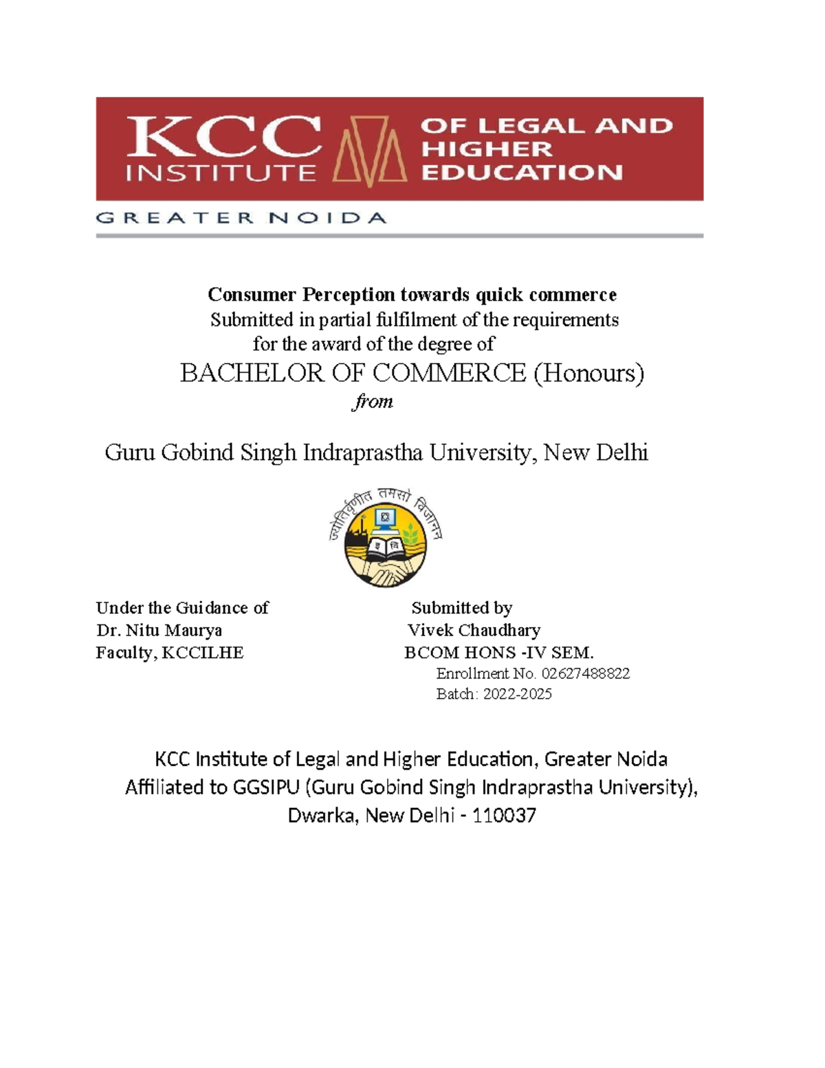 BCOM HONS IV SEM: Consumer Perception on Quick Commerce Project Report - Studocu