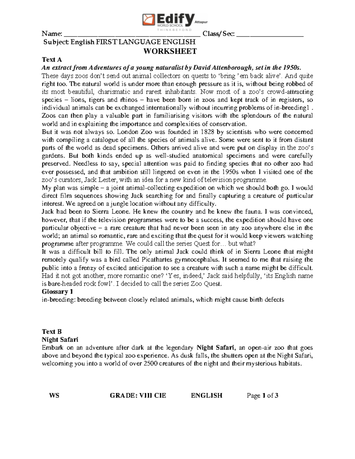 CIE English First Language Worksheet: Zoo Quest & Night Safari Insights ...