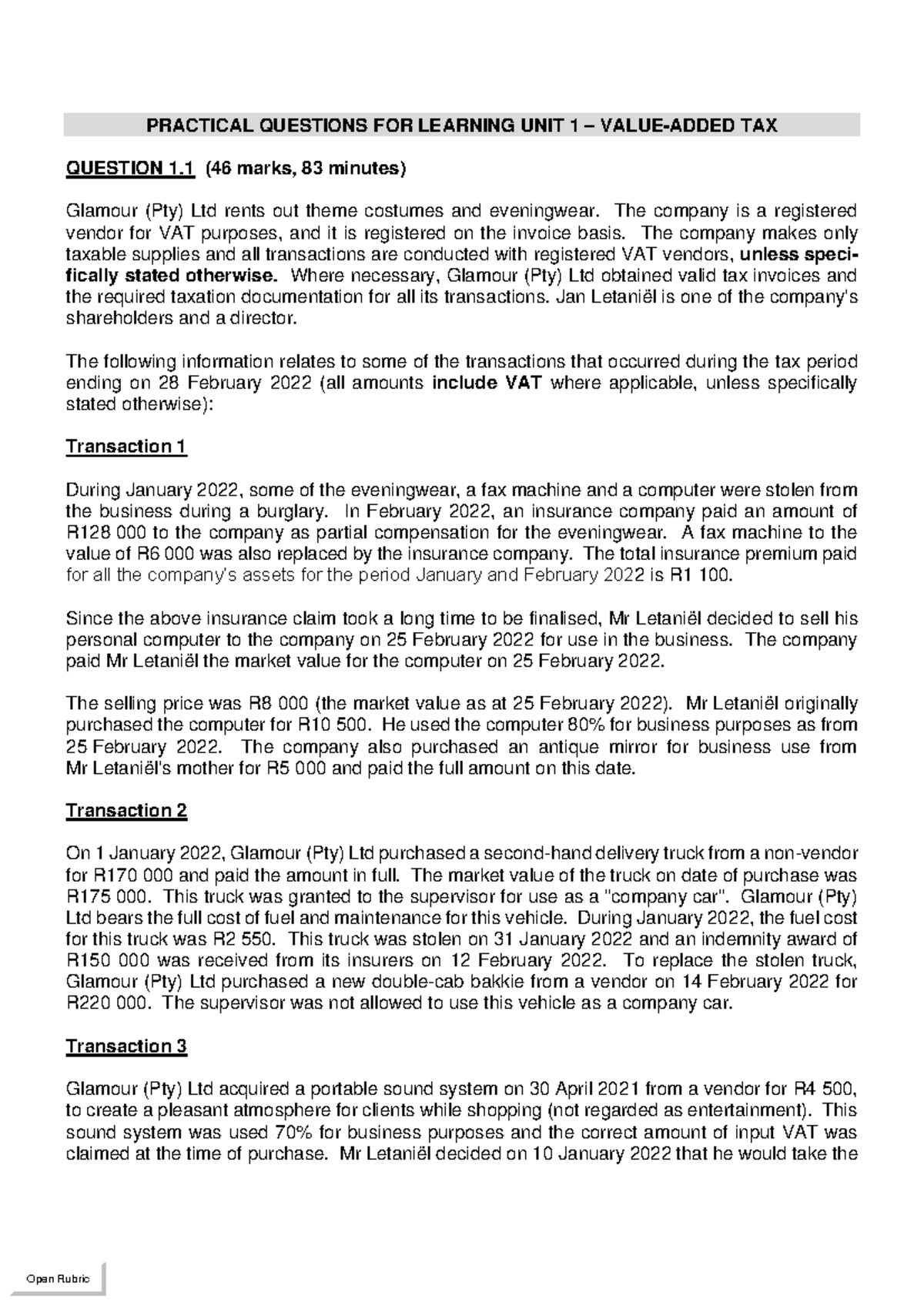 Practical Questions for Learning Unit 1: VAT Analysis and Calculations ...