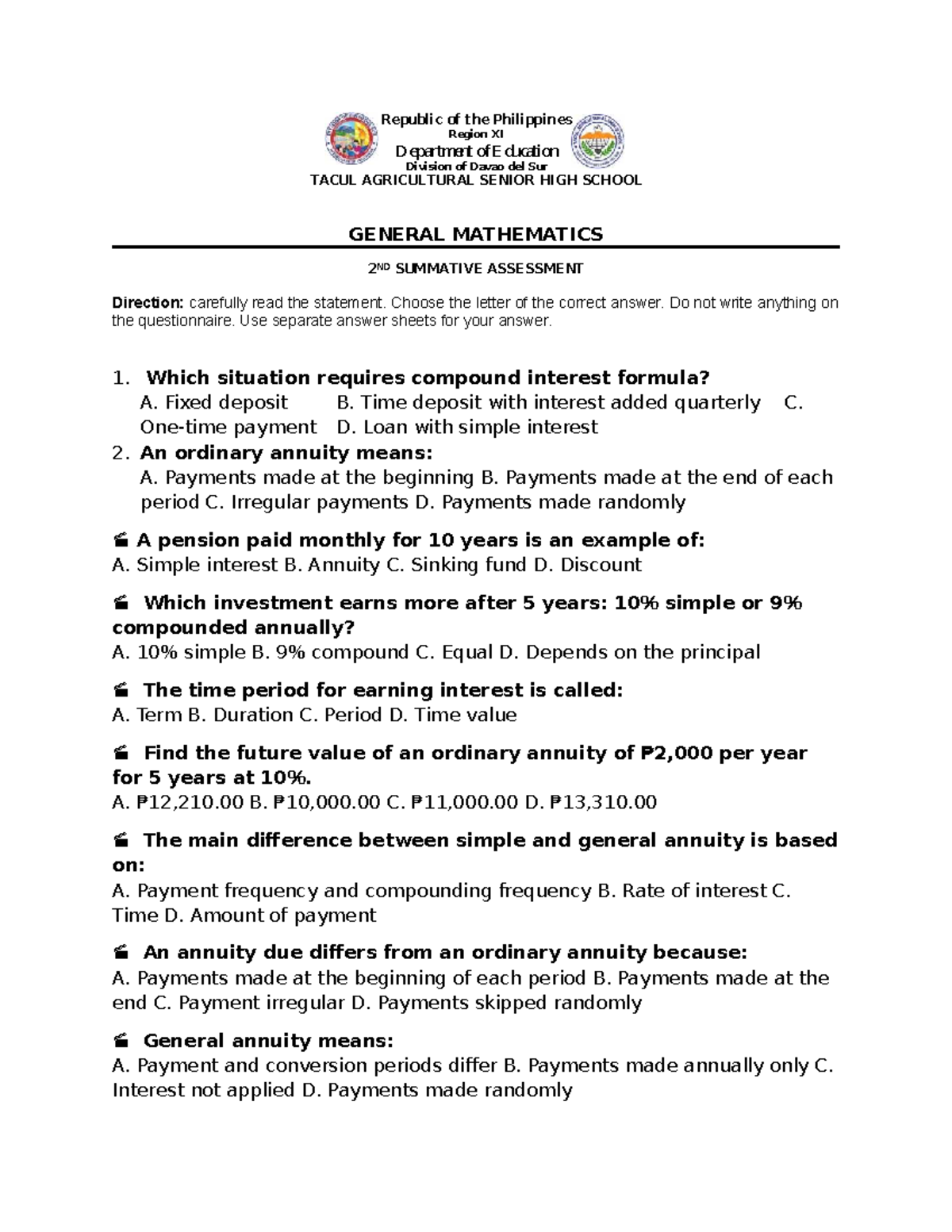 General Mathematics 2ND Summative Assessment - Davao del Sur - Studocu