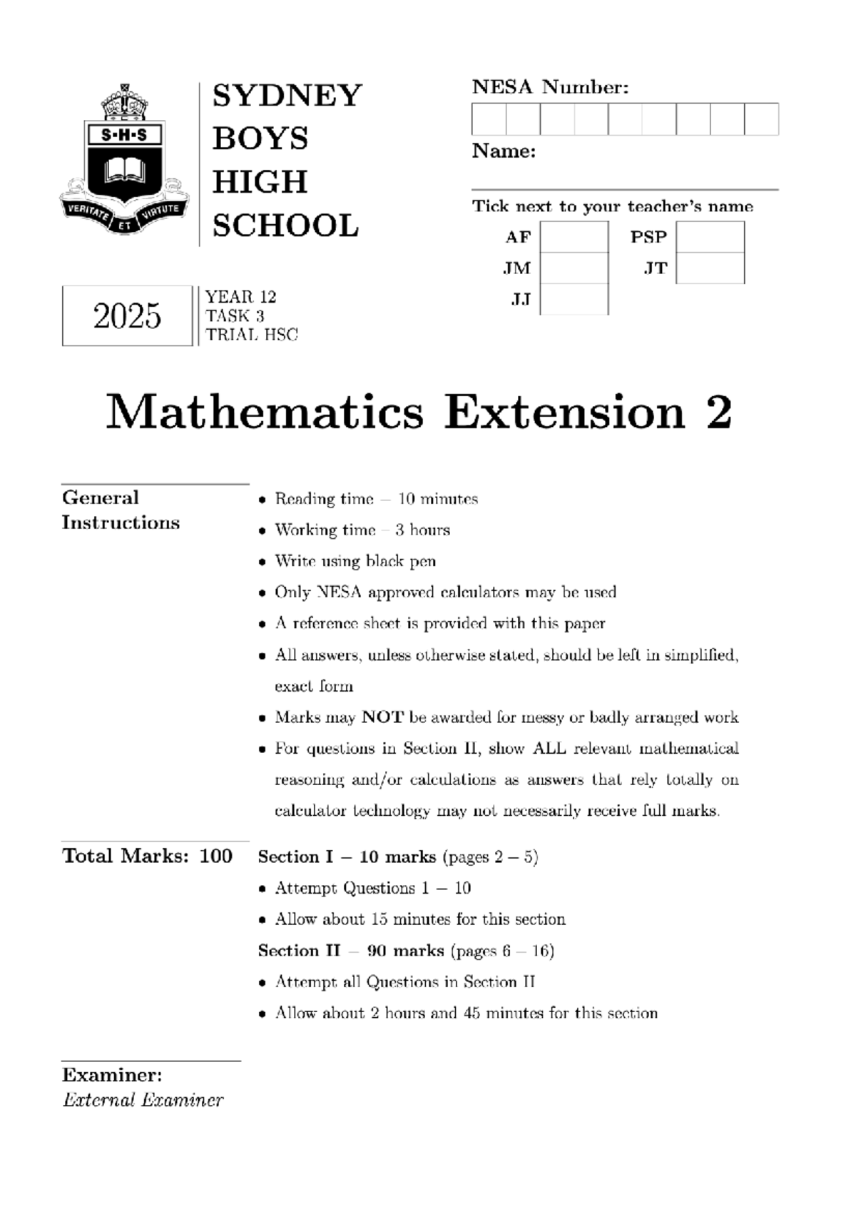 HSC Mathematics Extension 2 Trial Exam - Year 12 (2025) - Studocu