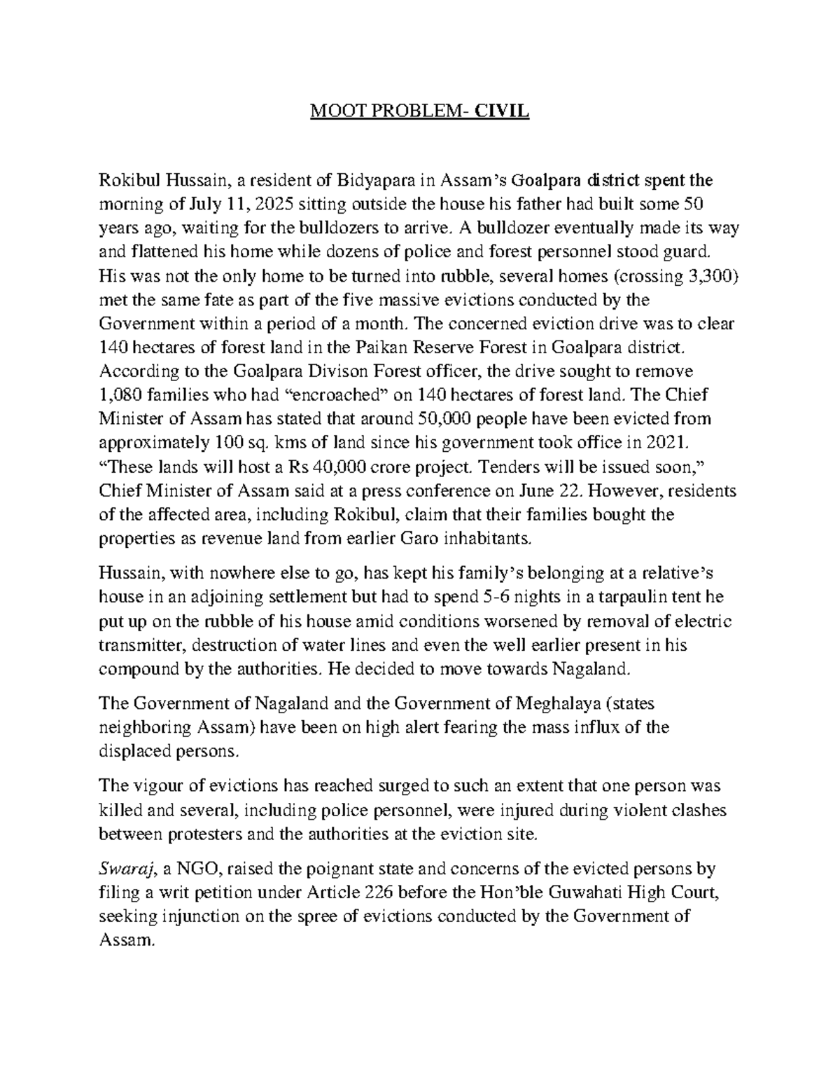 Moot Problem - Civil Law Case Study on Assam Evictions - Studocu