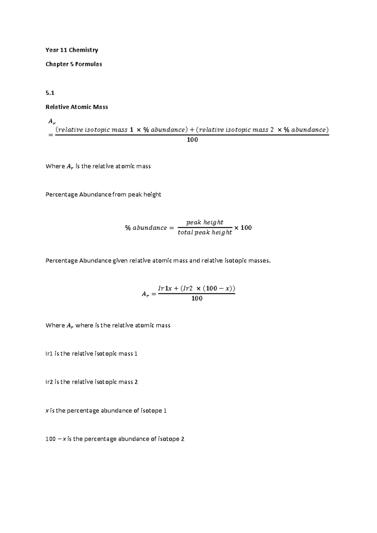 Y11 Mole Formula Sheet - Year 11 Chemistry Chapter 5 Formulas 5 ...