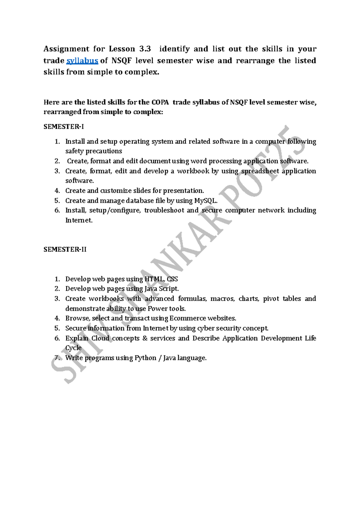 Assignment for Lesson 3.3: Skills in COPA Trade Syllabus - Studocu