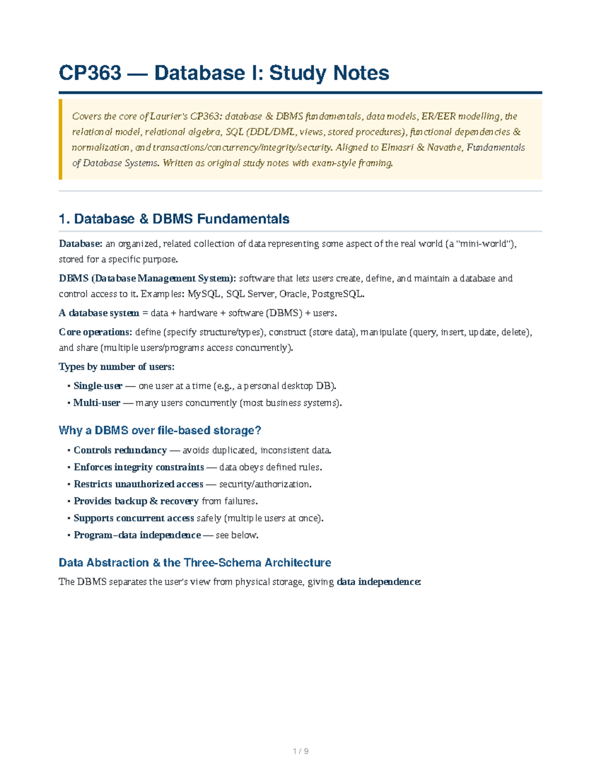 CP363 Database I: Comprehensive Study Notes on DBMS Fundamentals - Studocu