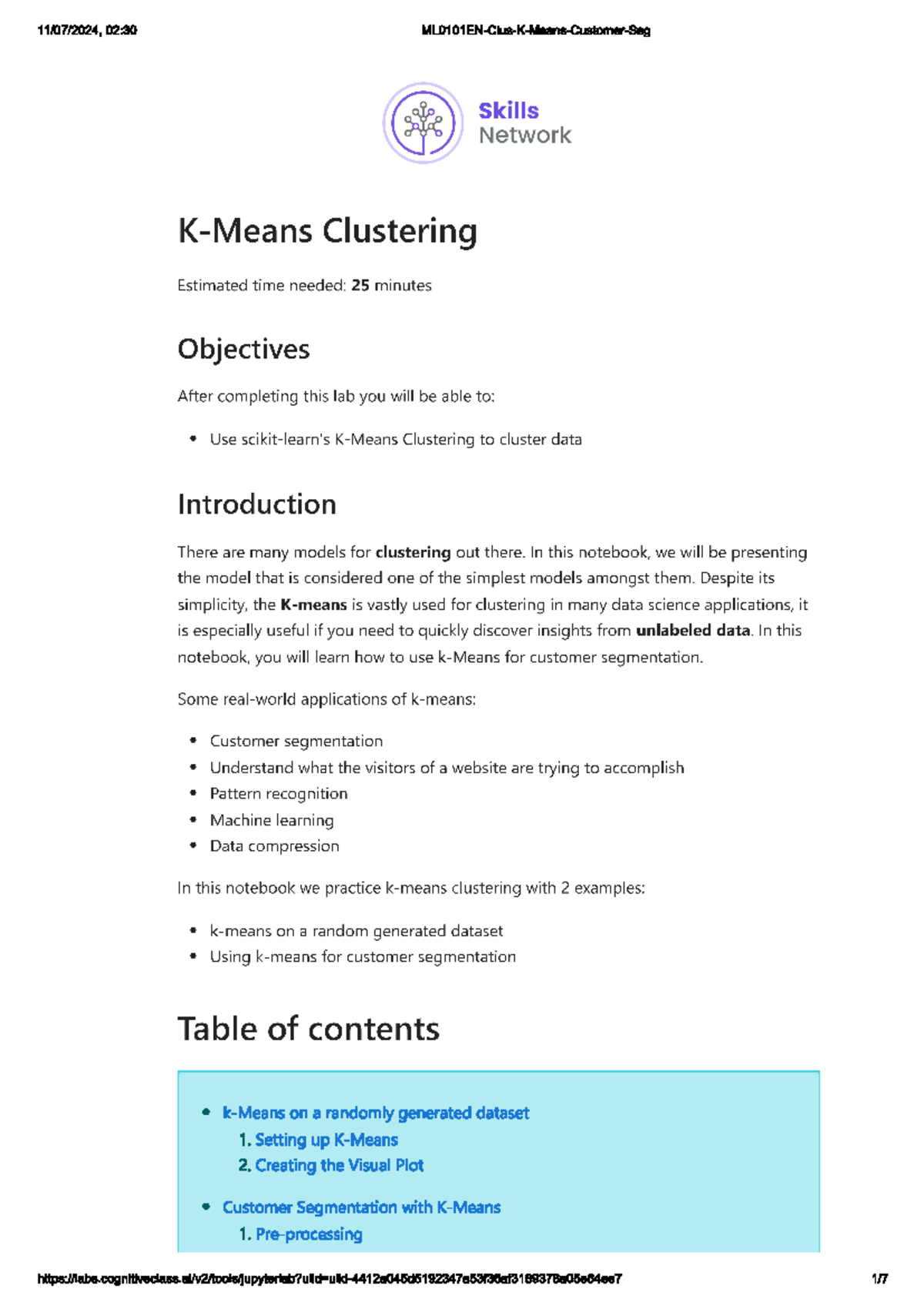 Kmean clustering - hgvhjv - 02:30 Skills Network Clustering Estimated ...