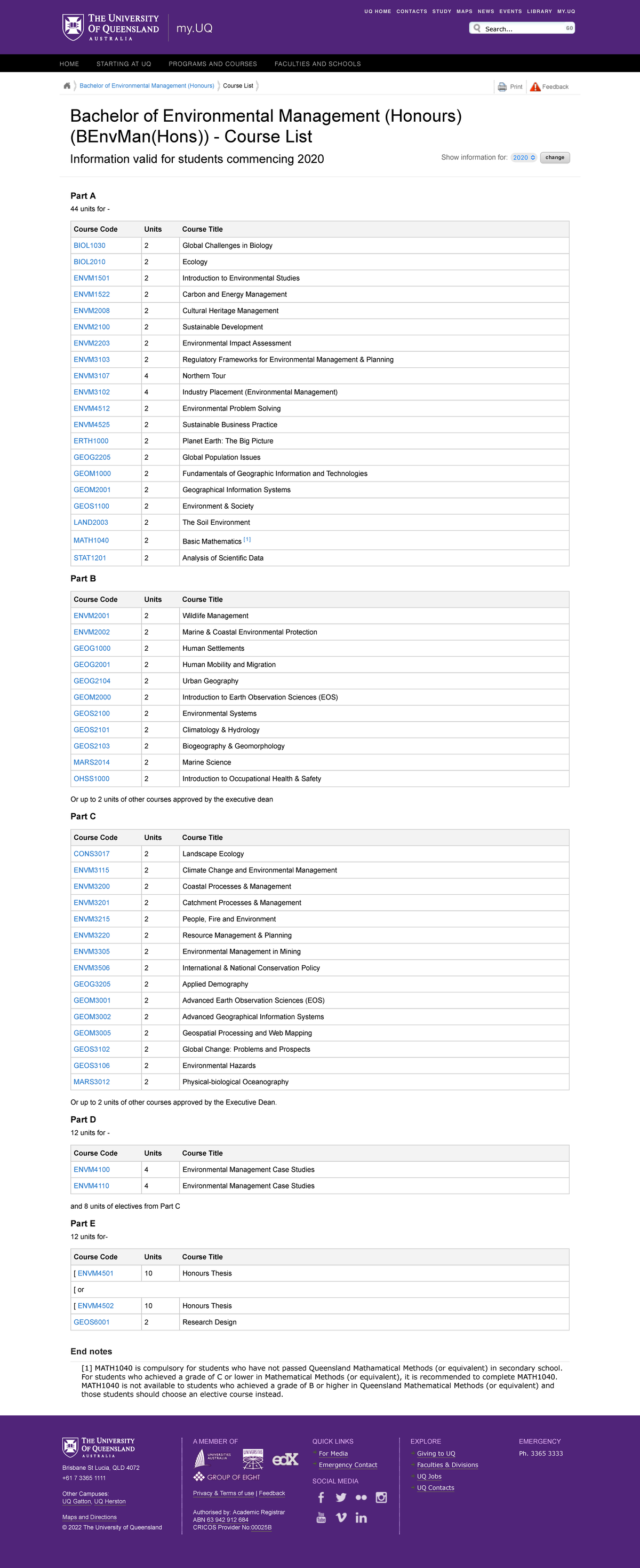 Course List for Bachelor of Environmental Management (Honours) - UQ ...