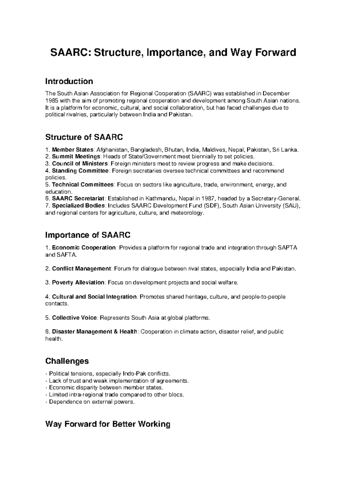 SAARC: Structure, Importance, and Future Directions - Studocu
