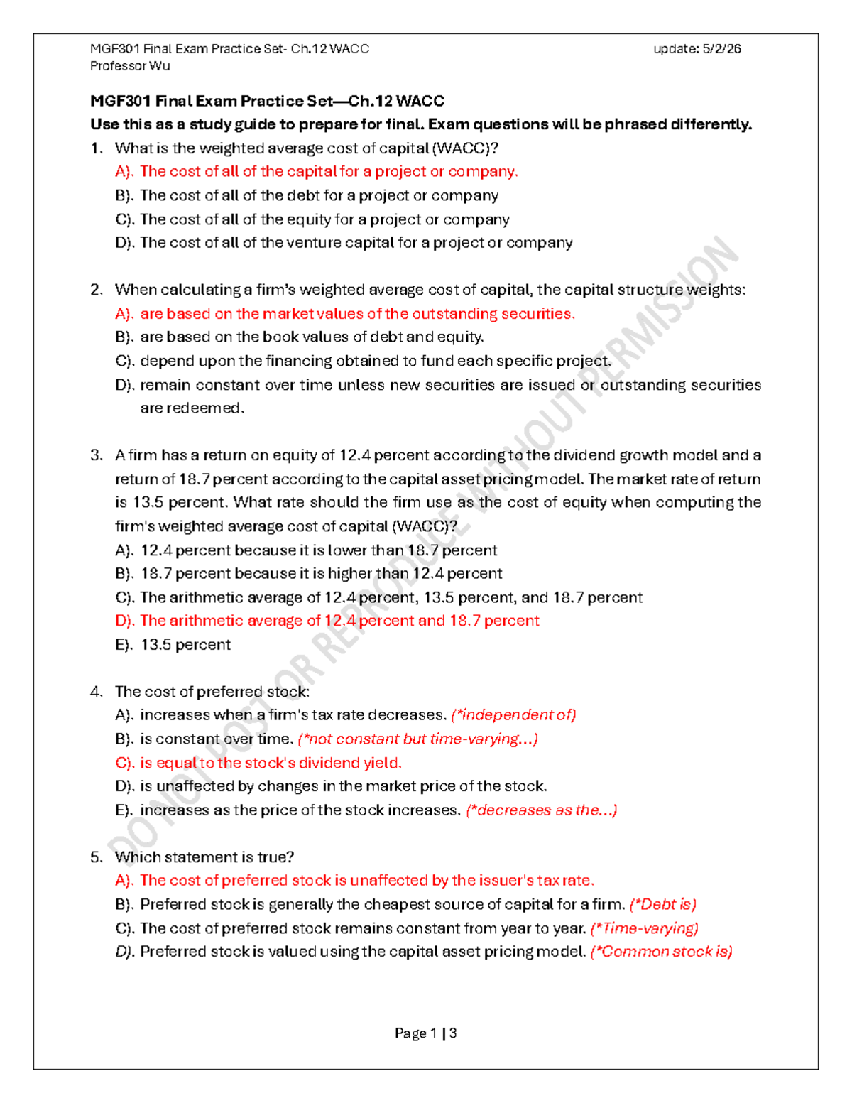 MGF301 Final Exam Practice: Ch.12 WACC Study Guide - Studocu