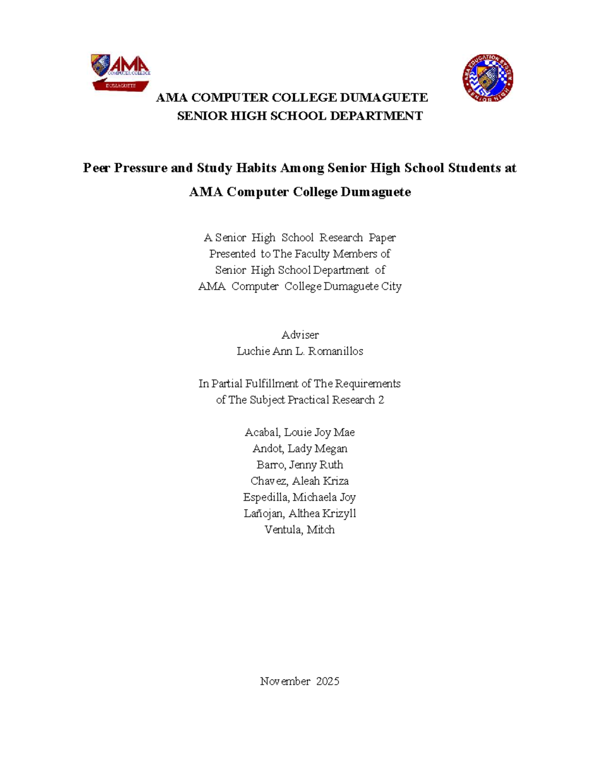 Peer Pressure and Study Habits: A Study of Grade 12 Students at AMA ...