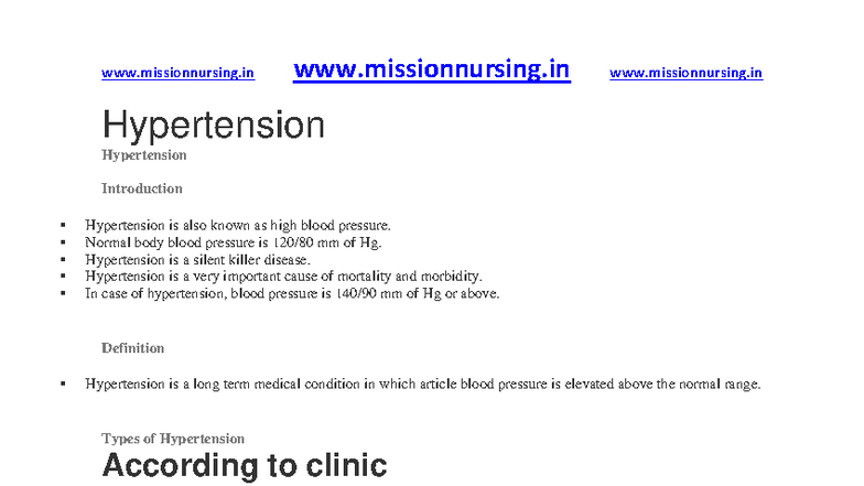 Hypertension (HTN) Overview: Types, Causes, and Management Notes - Studocu