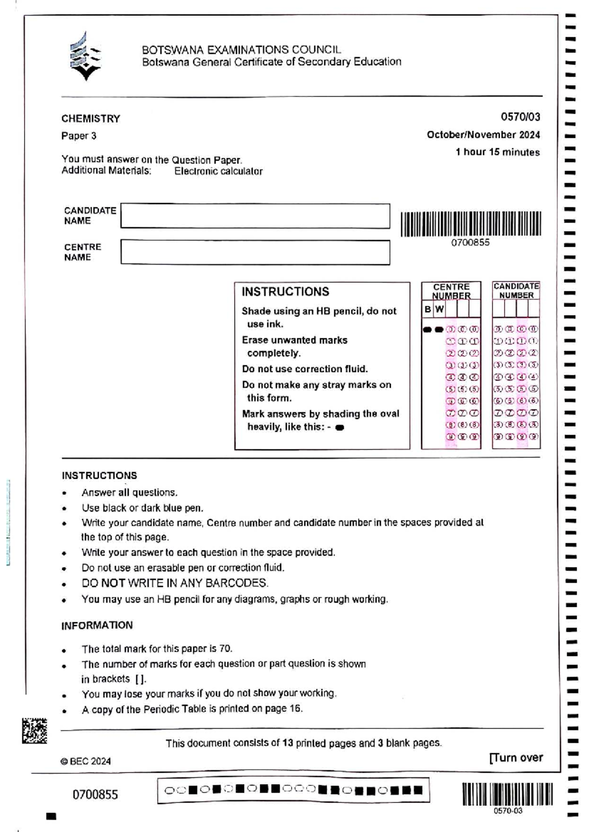 2024 BEC Chemistry Paper 3 Exam Instructions and Questions - Studocu