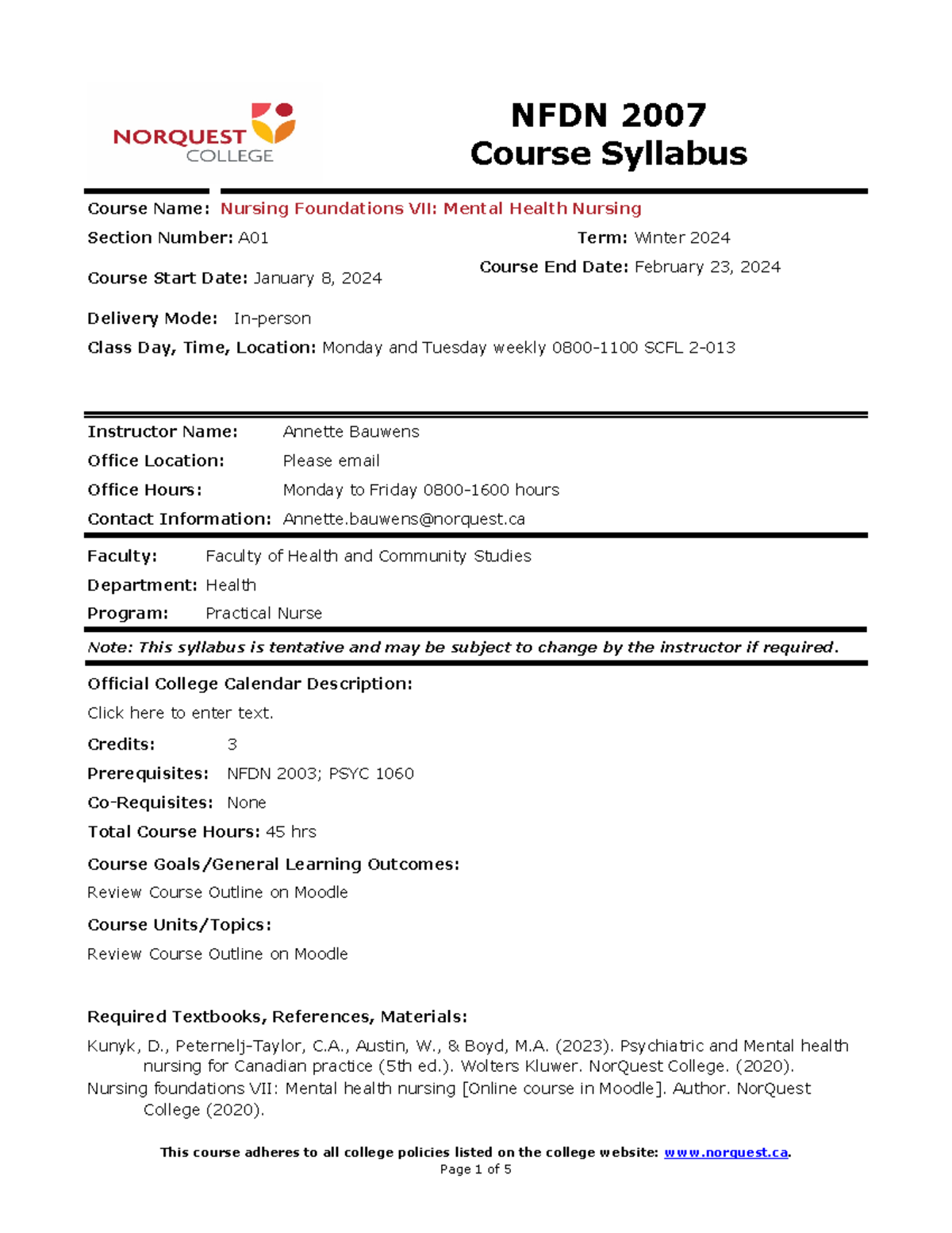 NFDN 2007: Nursing Foundations VII - Mental Health Syllabus for Winter ...