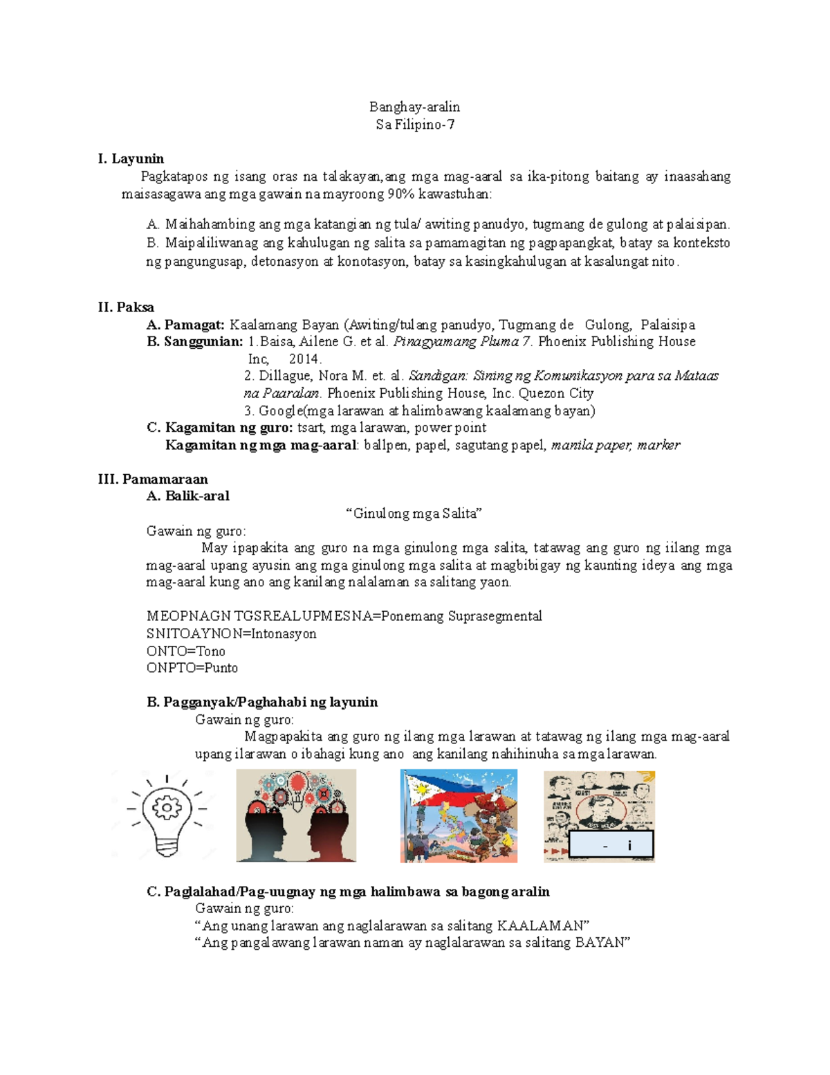 Filipino 7 - Lesson Plan on Kaalamang Bayan and Related Activities ...