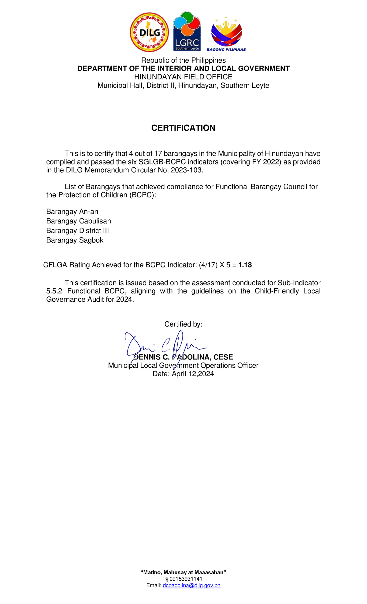 BCPC Compliance Certification for CFLGA 2023 Audit - Studocu