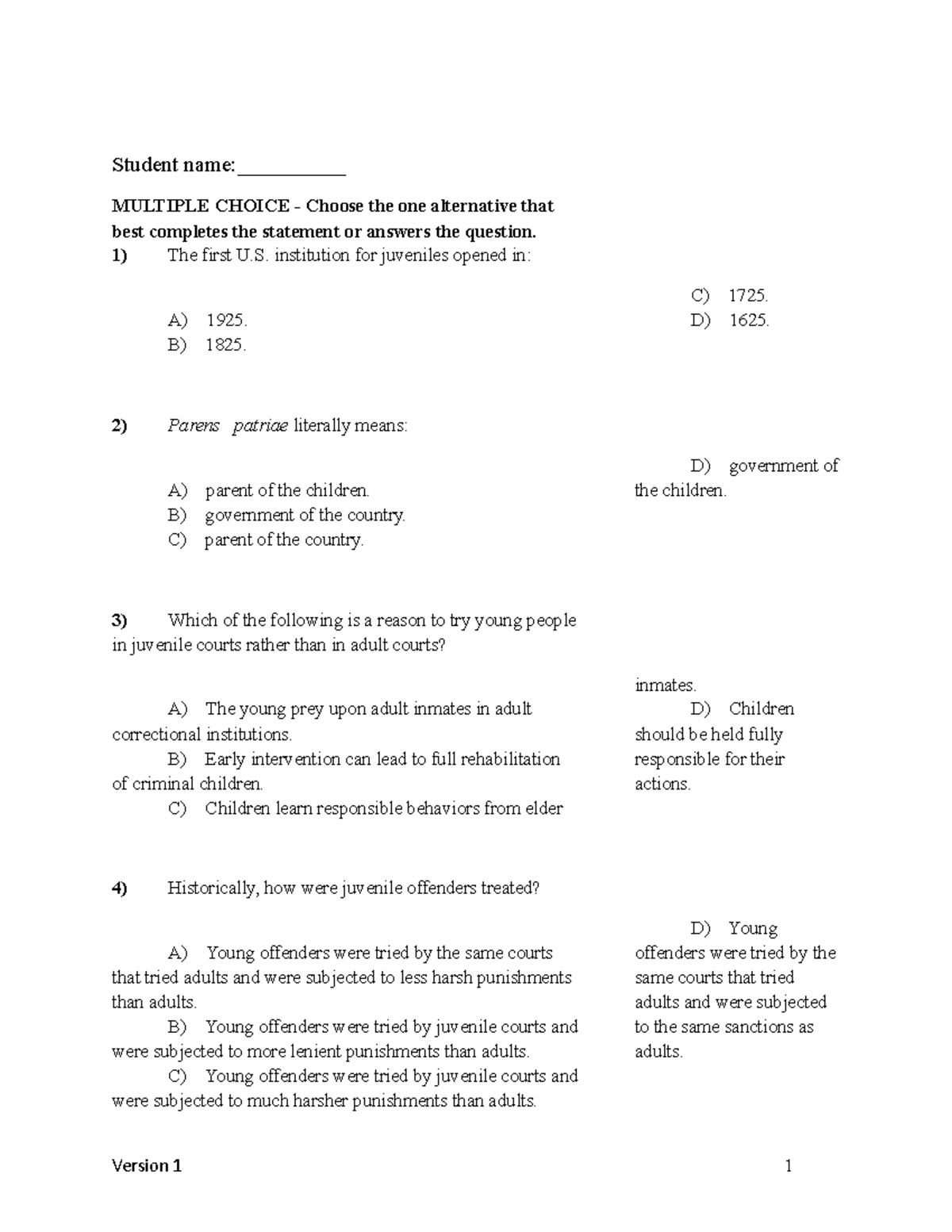 Chapter 15 Juvenile Justice (CJ101) Test Bank - Version 1 - Studocu