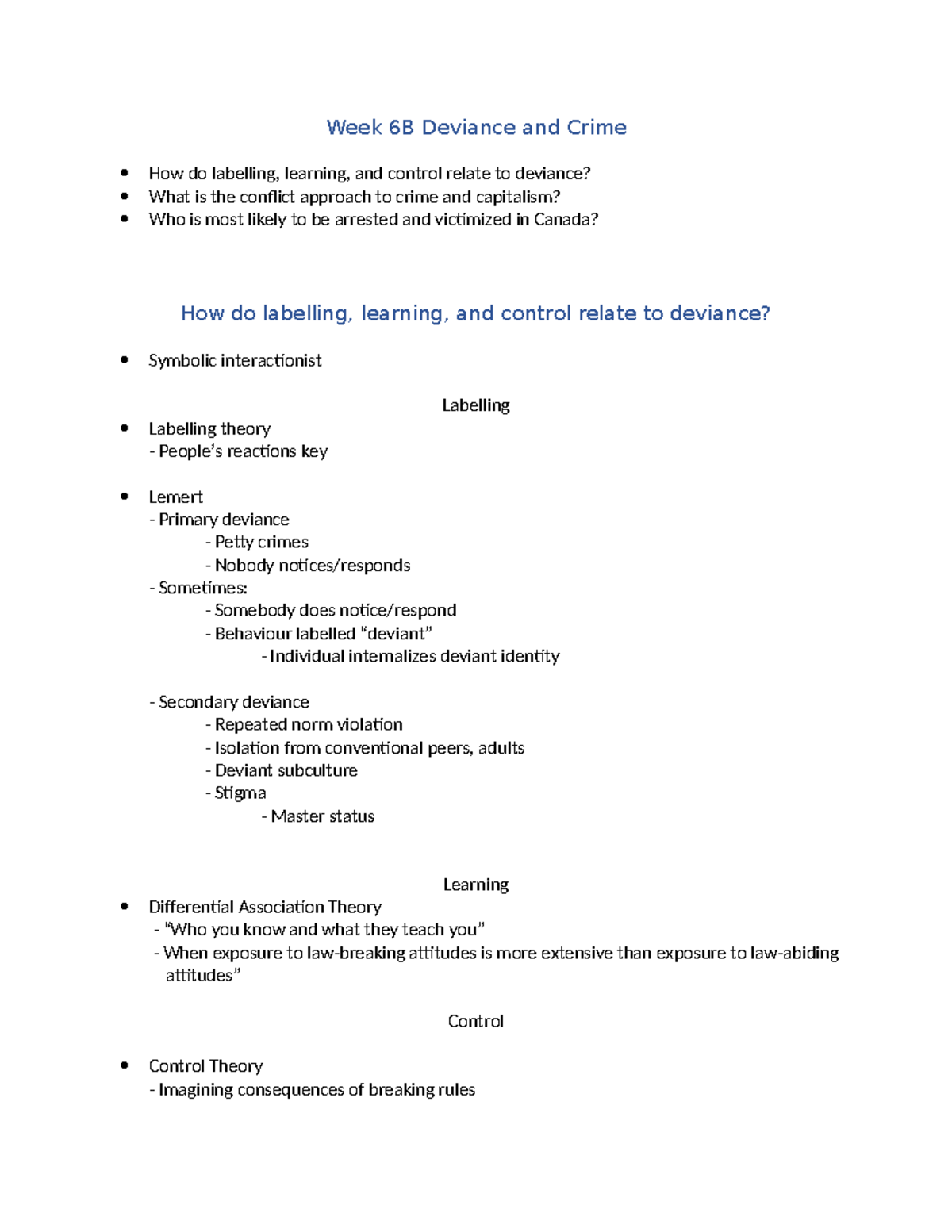 Week 6B - Deviance and Crime: Labelling, Learning, and Control - Studocu