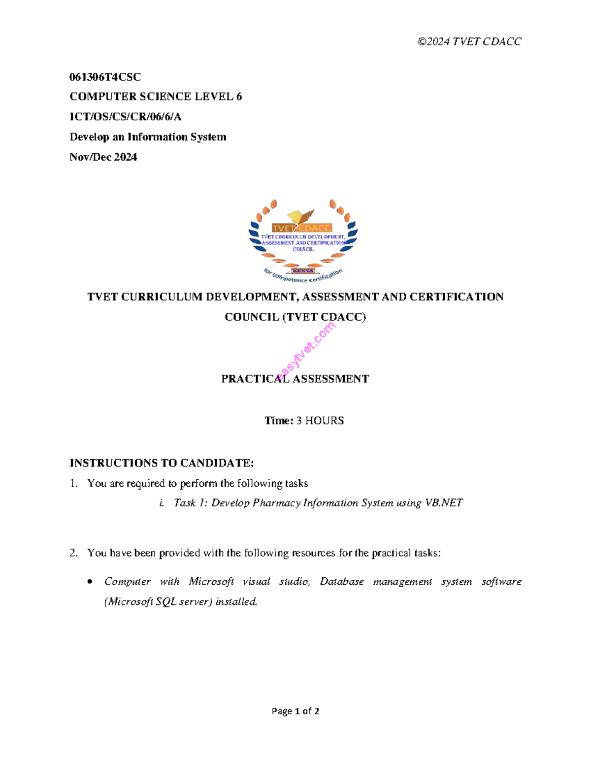 TVET CDACC 061306T4CSC Level 6 Practical: Pharmacy Info System 2024 ...