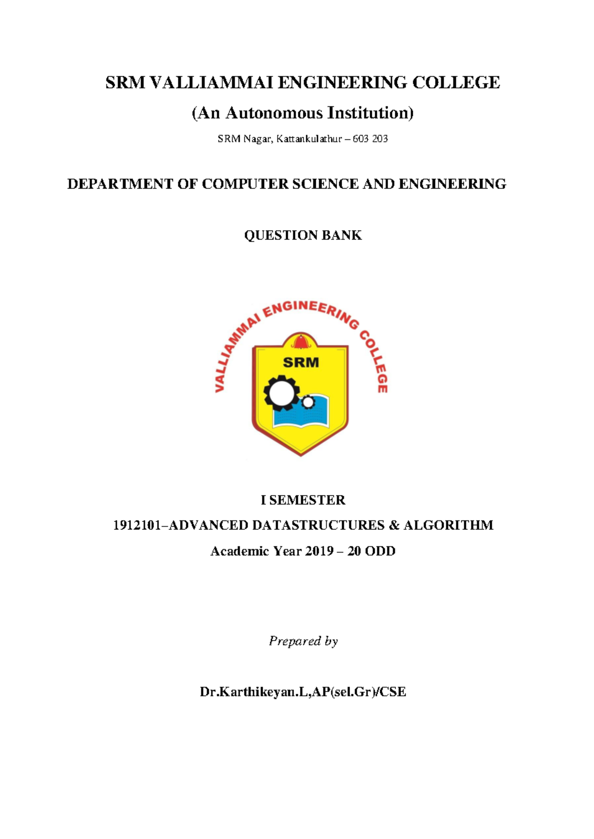 1912101 Data Structures & Algorithms Question Bank - I Semester - Studocu