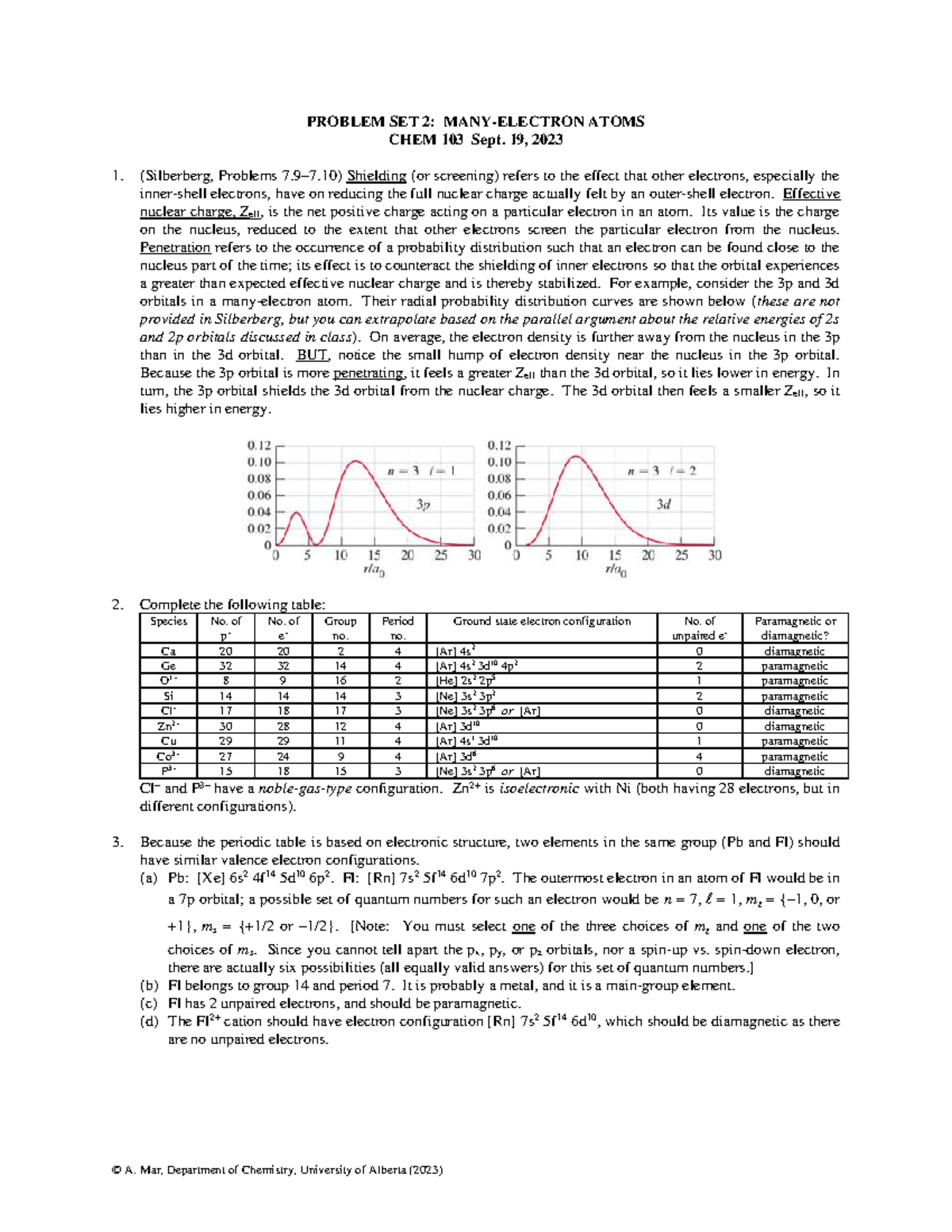 Problem Set 2 Solutions: Atoms and Effective Nuclear Charge CHEM 103 ...