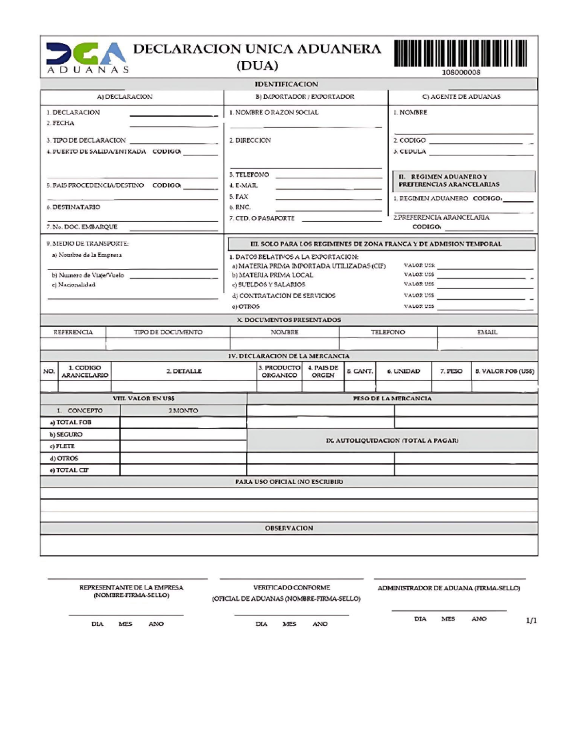 DUA - Declaración Única Aduanera y Patrimonio 108000008 - Studocu