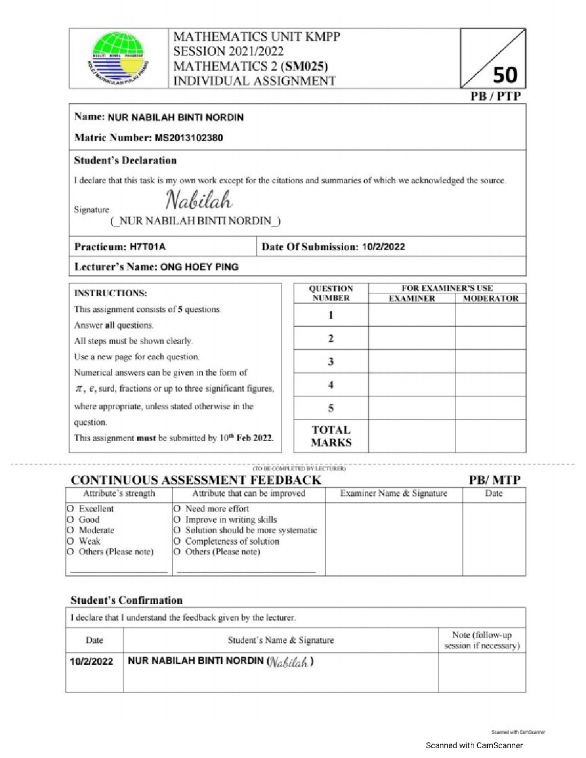 Individual Assignment for Mathematics Unit 2 (SM025) - KMPP Session ...
