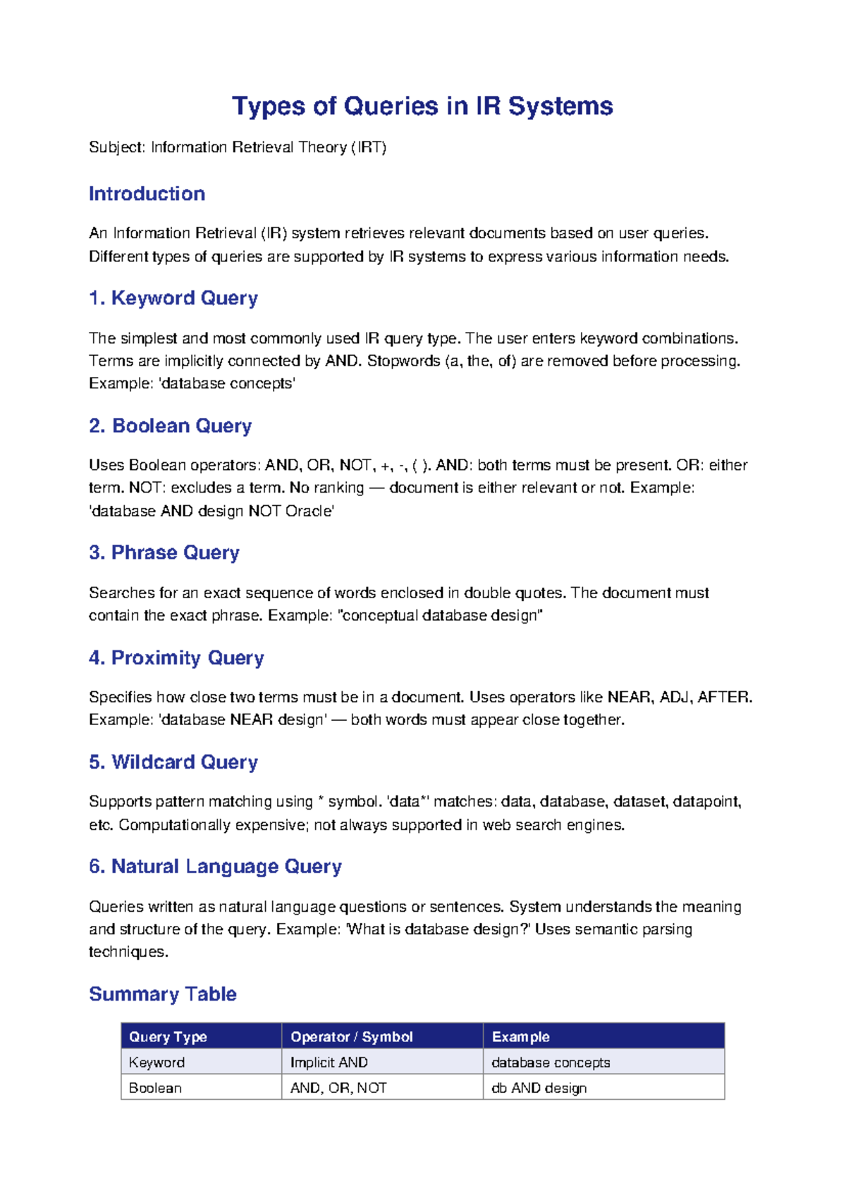 Types of Queries in IRT Systems: An Overview of IR Techniques - Studocu