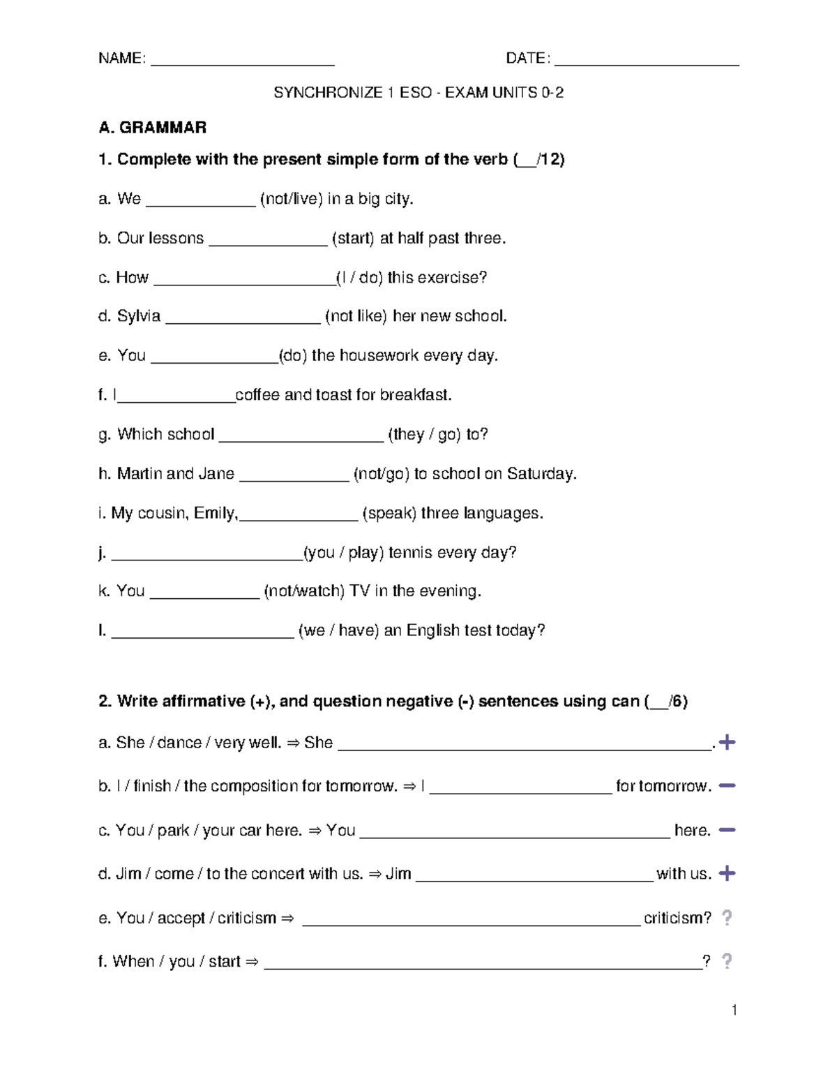 Synchronize 1 ESO Exam: Grammar Units 0-2 Test - Studocu