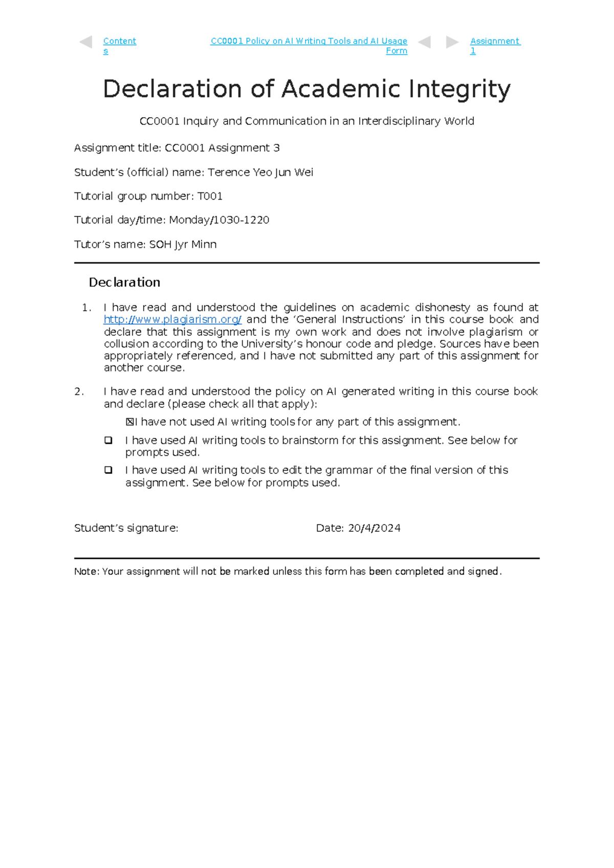 Declaration of Academic Integrity form - Content s CC0001 Policy on AI ...