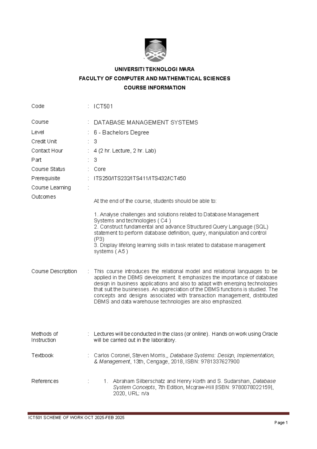 ICT501 Database Management Systems Lecture Notes (Oct 2025 - Feb 2026 ...