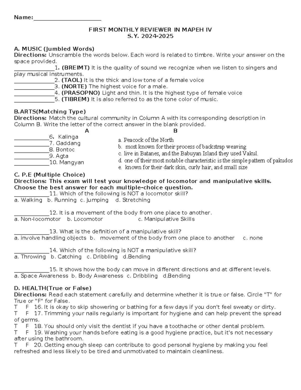 Grade 4 MAPEH IV First Monthly Reviewer: Music, Arts, P.E., Health ...