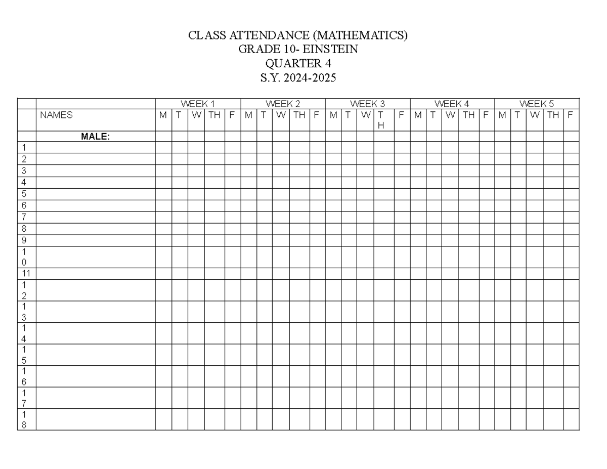 Attendance - nothing - Math Kinder - CLASS ATTENDANCE (MATHEMATICS) GRADE 10- EINSTEIN QUARTER 4 ...