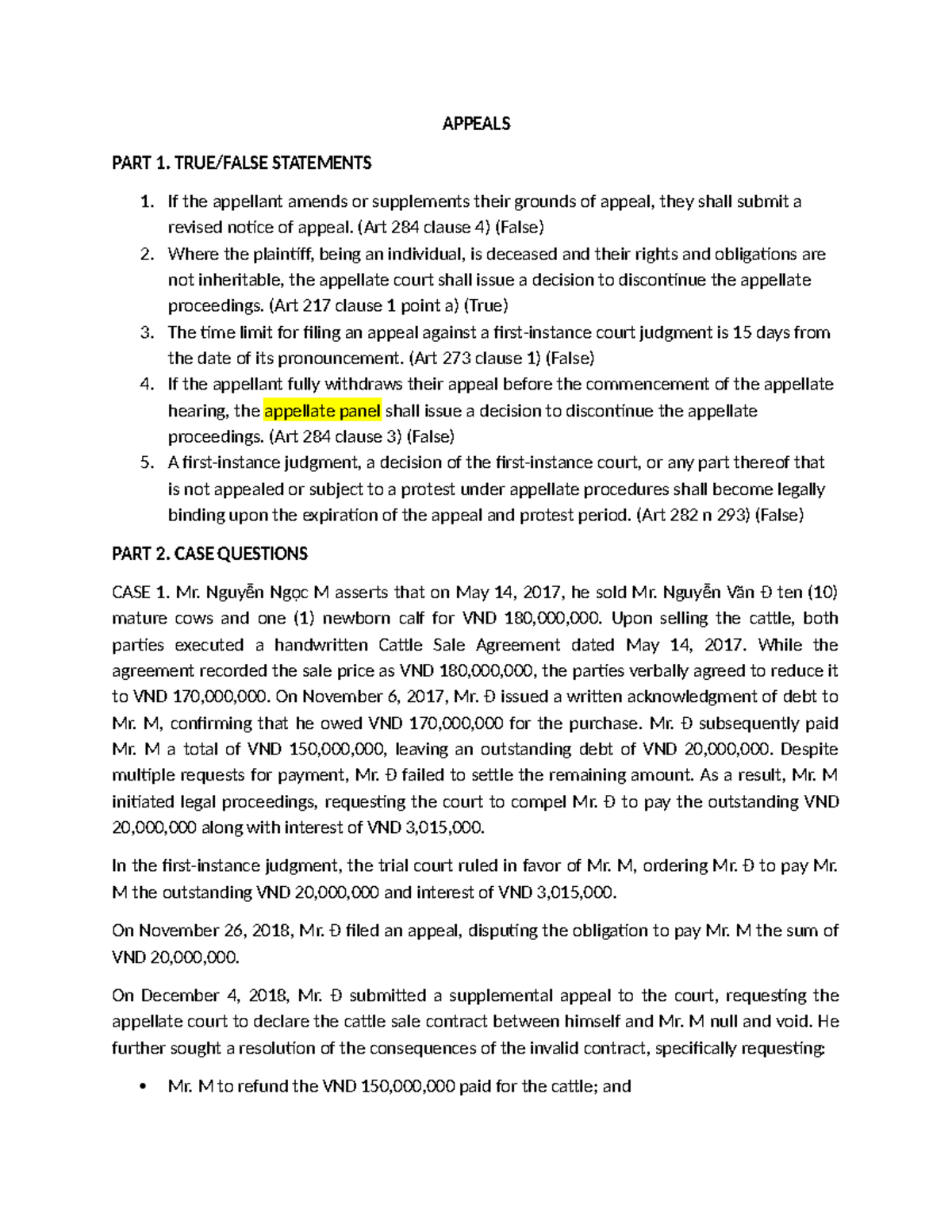 APPEALS PART 1 & 2: Legal Statements and Case Questions Analysis - Studocu