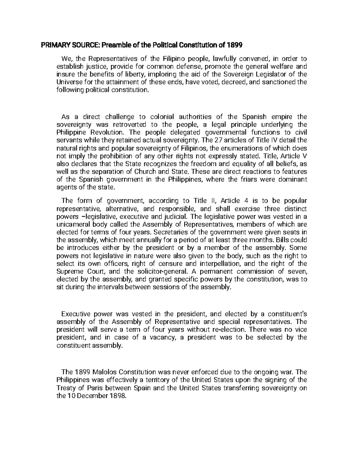 Preamble Analysis of the 1899 Political Constitution of the Philippines ...