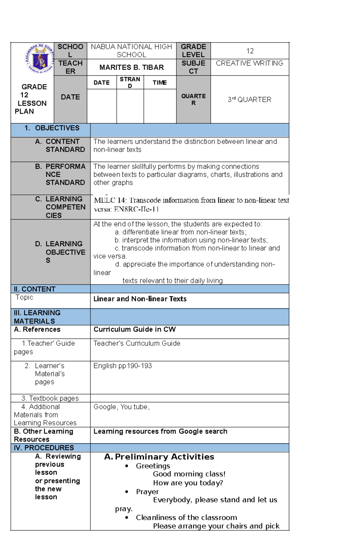 G12 Creative Writing Lesson Plan - Nabua National High School - Studocu