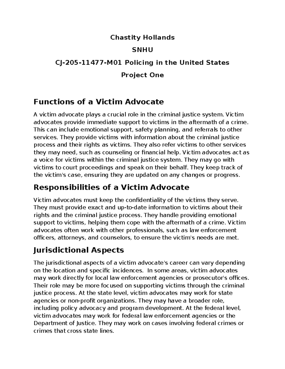 CJ-205 Project One: The Role of a Victim Advocate in Policing - Studocu