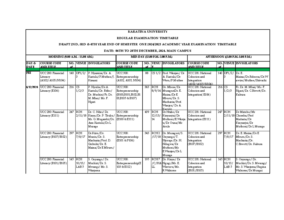 Draft Timetable for UCC 200, UCC 300, and UCC 201 2nd-4th Year Exams ...